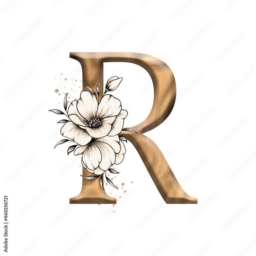 Graphic floral alphabet, gold letter R with vintage flowers bouquet ...