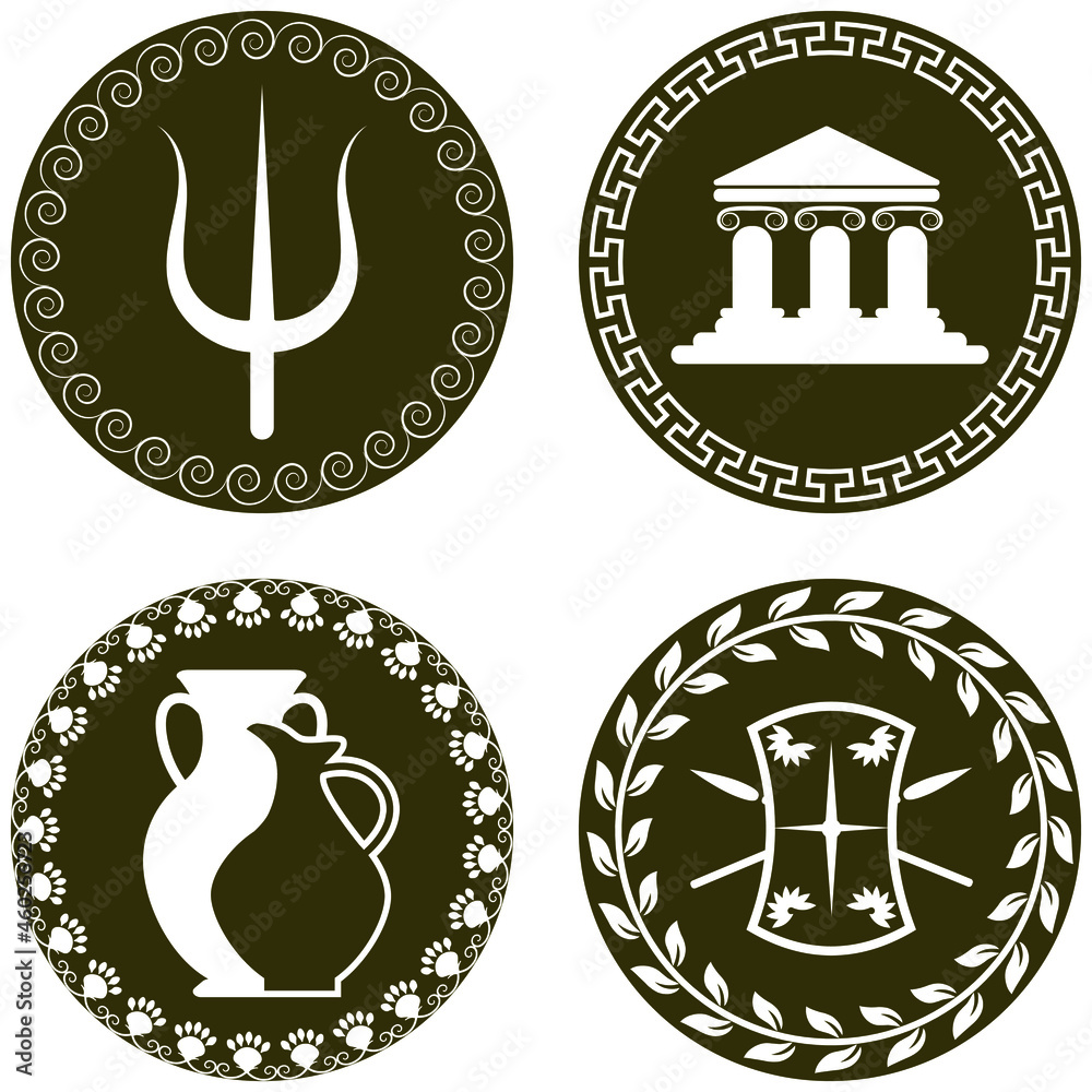 Set of ancient logos with temple, amphora and jug, trident of Poseidon ...