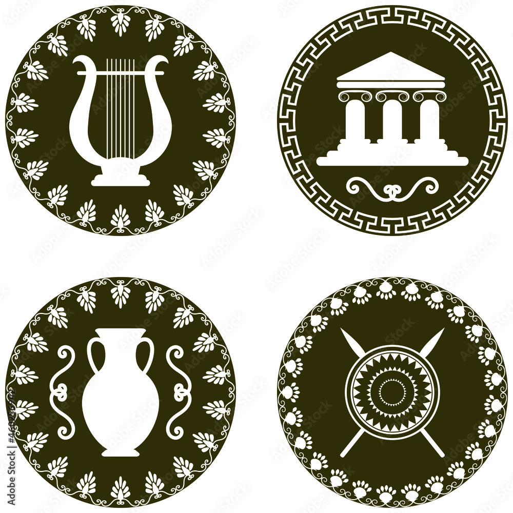 Set of antique logos with amphora, temple, shield and spears, cithern ...