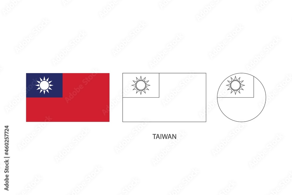 Taiwan flag 3 versions, Vector illustration, Thin black line of ...