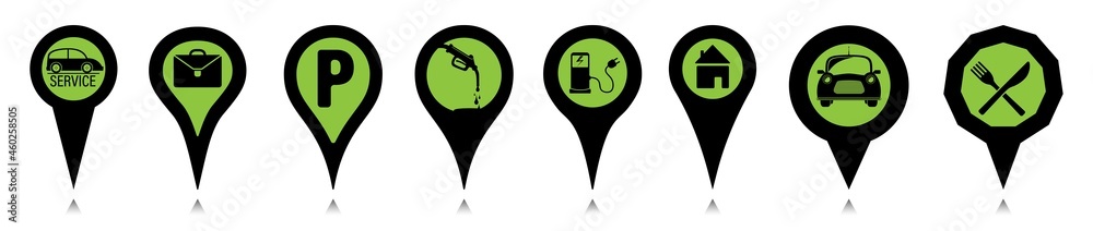 GPS location pinpoint set with icon design set. Route guide marker ...