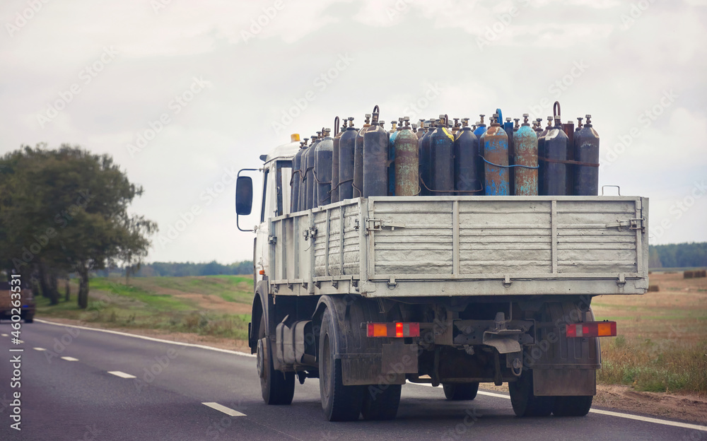 Lorry carrying gas cylinders, transportation of dangerous goods ...