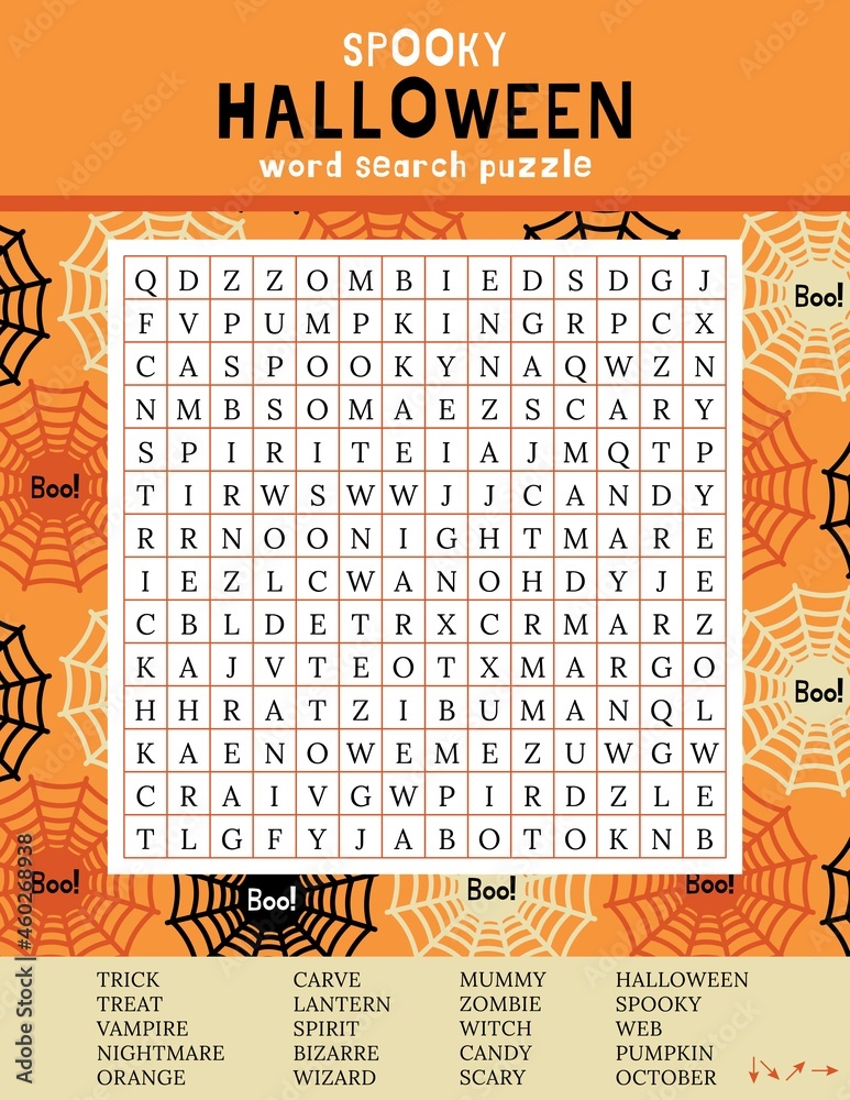 Spooky Halloween word search puzzle. October crossword game. Worksheet ...