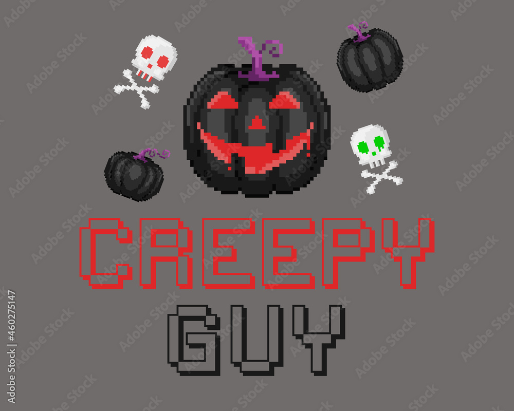 Creepy guy. Pixel art Halloween lettering label with dark horror ...