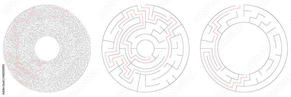 Circle, circular maze, labyrinth riddle game set. Problem solving, rebus, puzzle, brain teaser ...