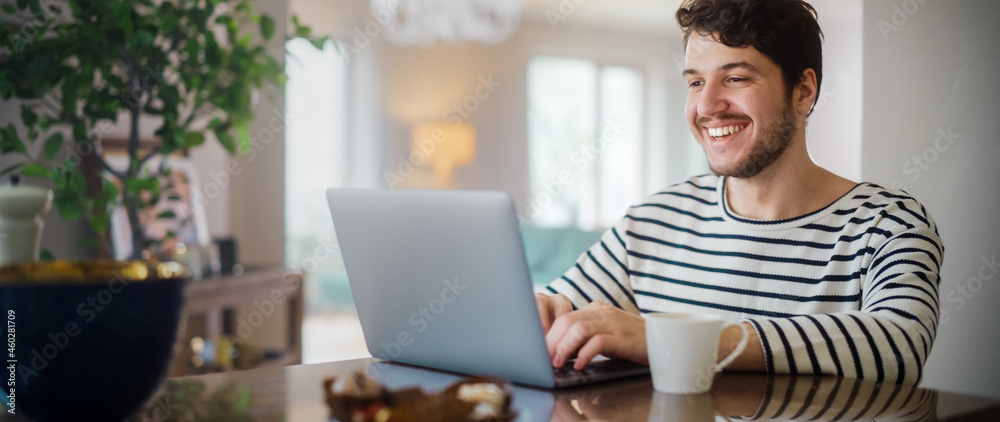 Foto de Handsome Adult Man Using Laptop Computer, Sitting in Living ...