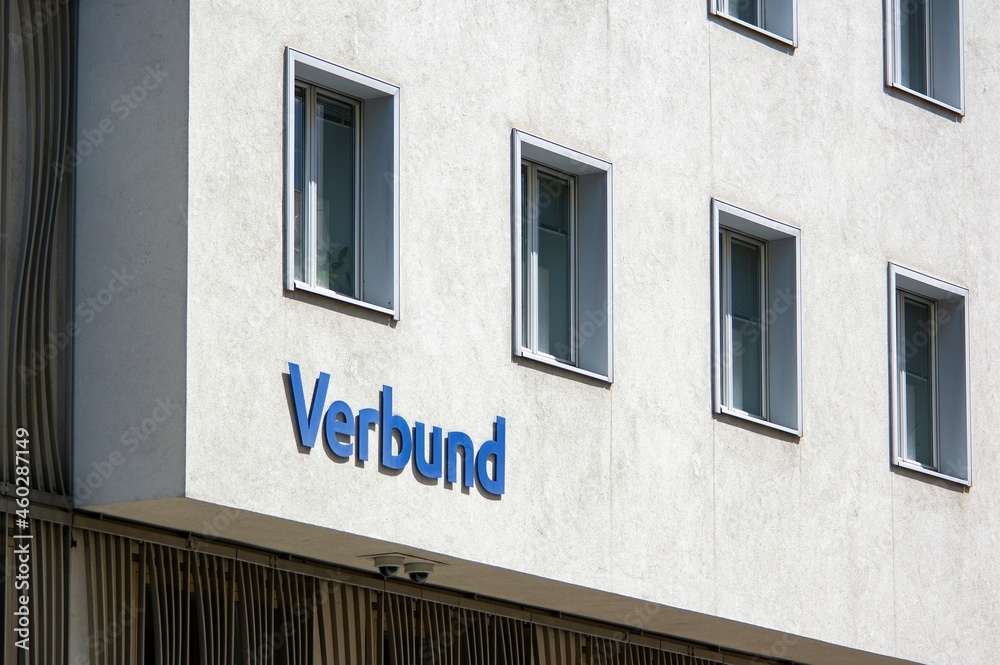 The logo of Verbund company on a building which is the largest provider ...