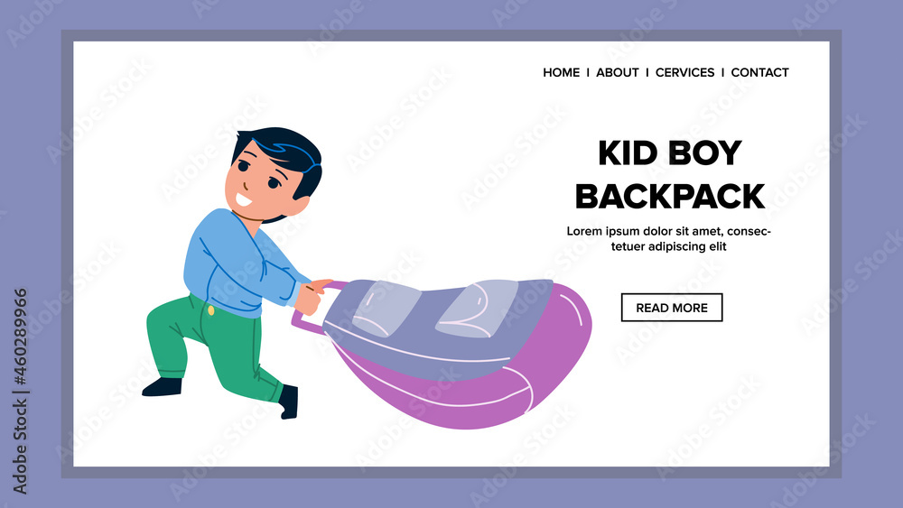 Kid Boy Pull Backpack With Books To School Vector. Schoolboy Child ...