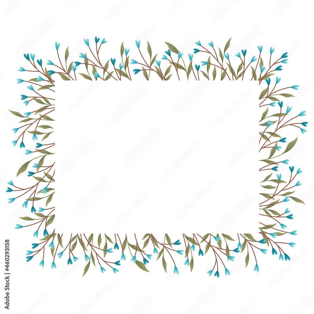 Horizontal rectangular frame design with blue heart branches and leaves ...