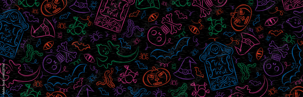Banner with halloween decoration. Halloween greeting banner. Horizontal ...
