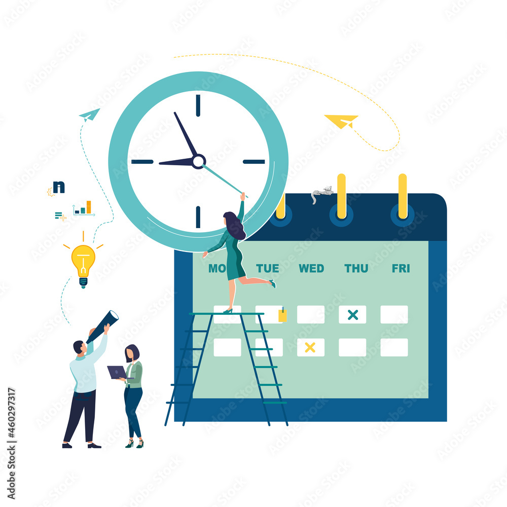 Fototapeta Calendar Clock With Scheduler People Build Business In fototapeta-calendar-clock-with-scheduler-people-build-business-in