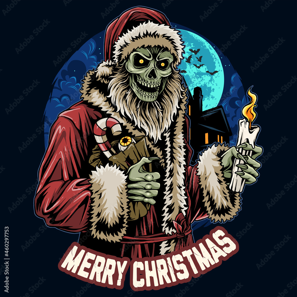 christmas santa claus skull zombie holding candle at midnight Stock ...
