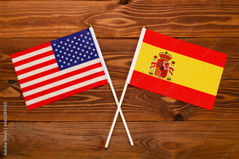 Flag of USA and flag of Spain crossed with each other. USA vs Spain EU ...