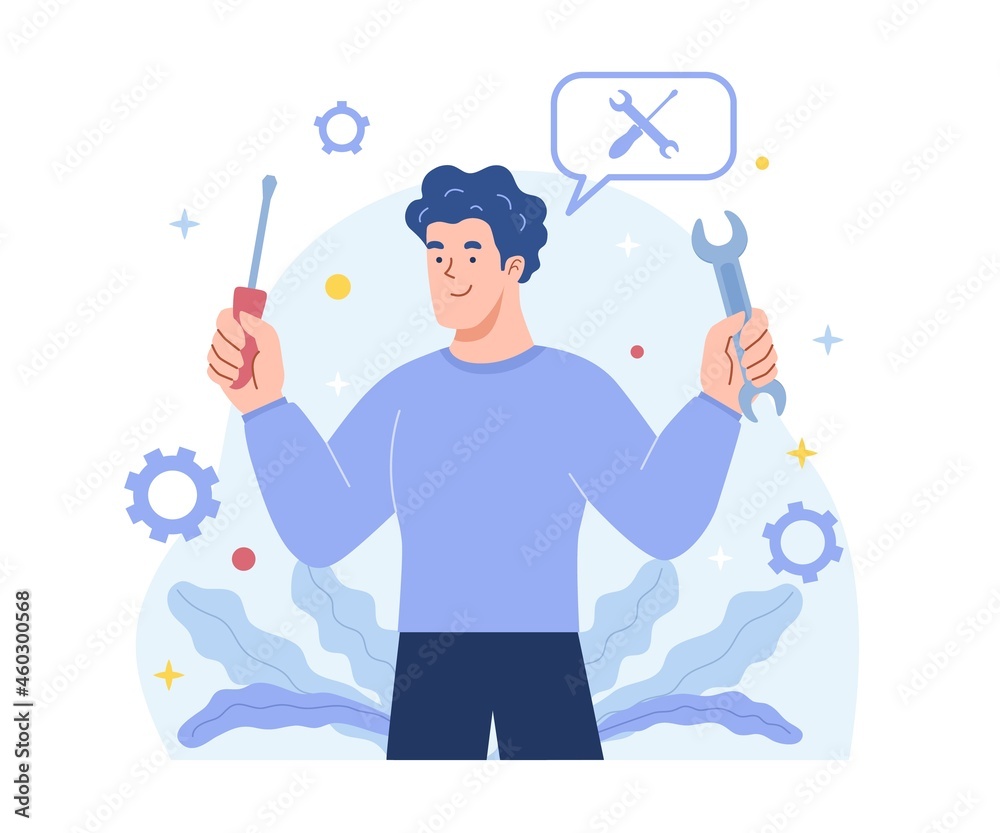 Smiling male character is holding wrench, screwdriver and gear wheel ...