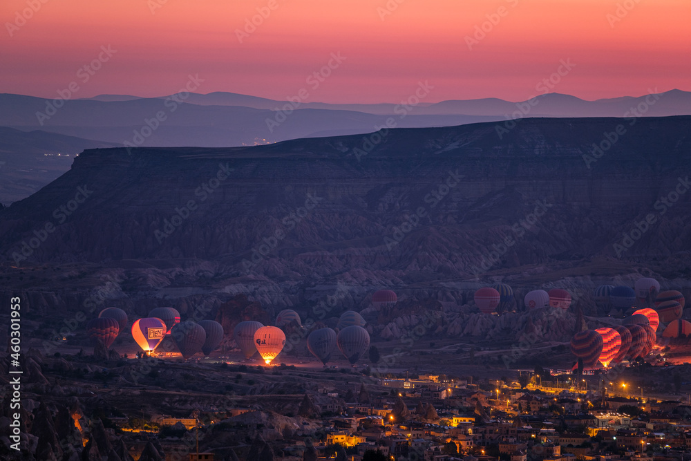 Cappadocia balloon tour , fairy chimneys and caves Stock Photo | Adobe ...