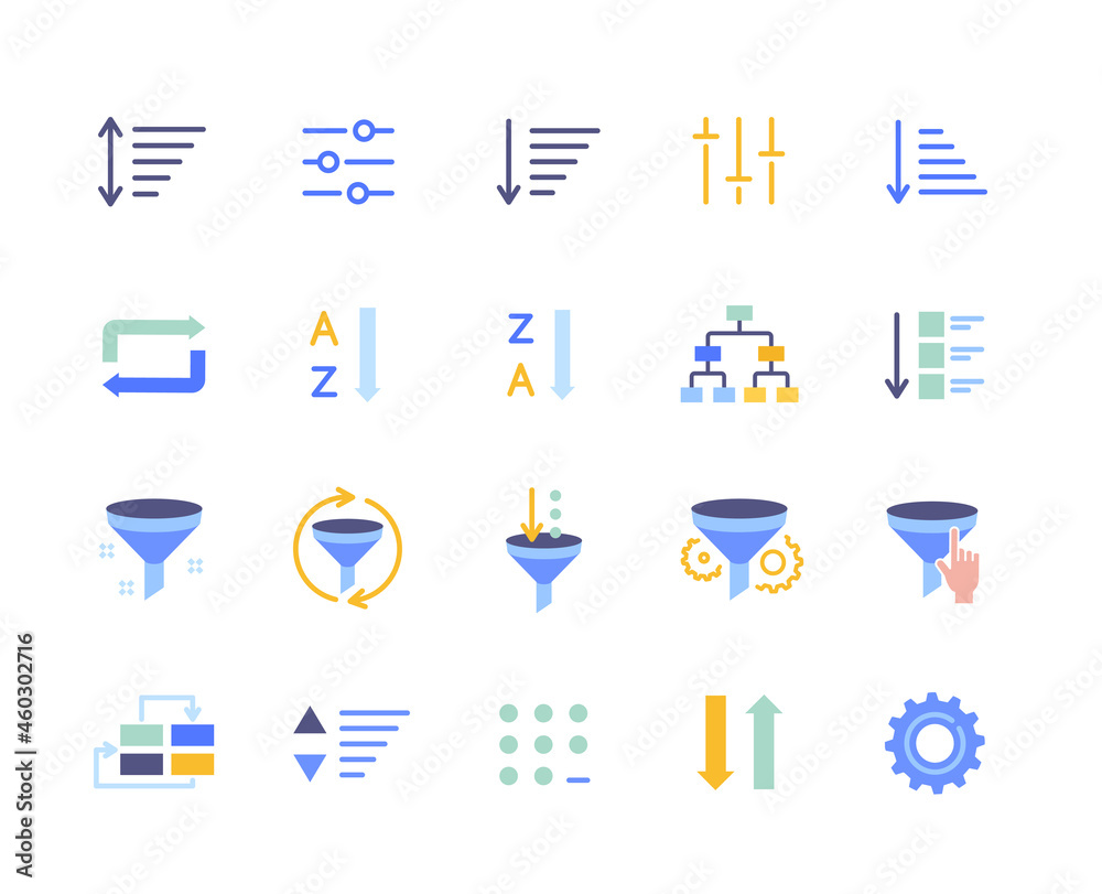 Set of cute essential colorful sorting and filtering elements on white ...