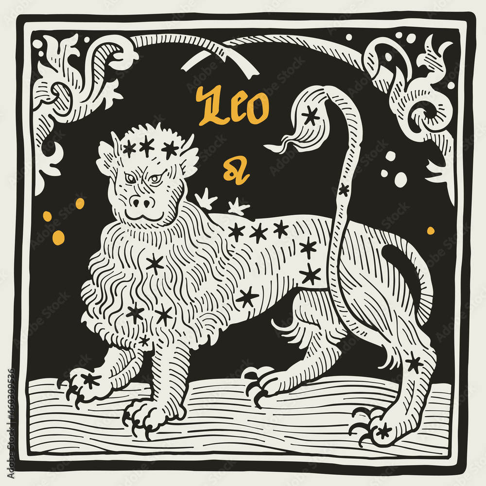 Leo or Lion Zodiac sign and constellations. Illustration in medieval ...
