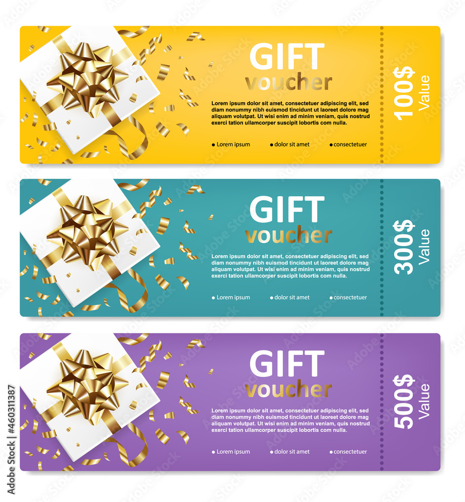 Colorful gift Vouchers with white boxes, golden bow and confetti ...
