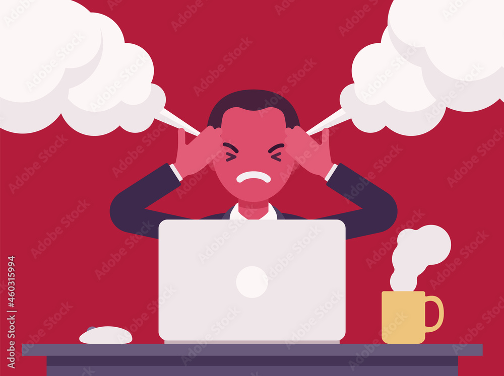 Businessman working with laptop steam coming out of ears, angry. Red ...