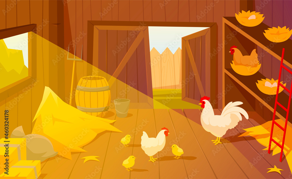 Barn on farm with chickens, straw and hay as a chicken coop. Interior ...