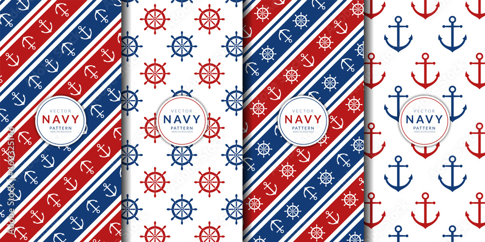 Nautical seamless pattern combination set. navy blue and red digital ...