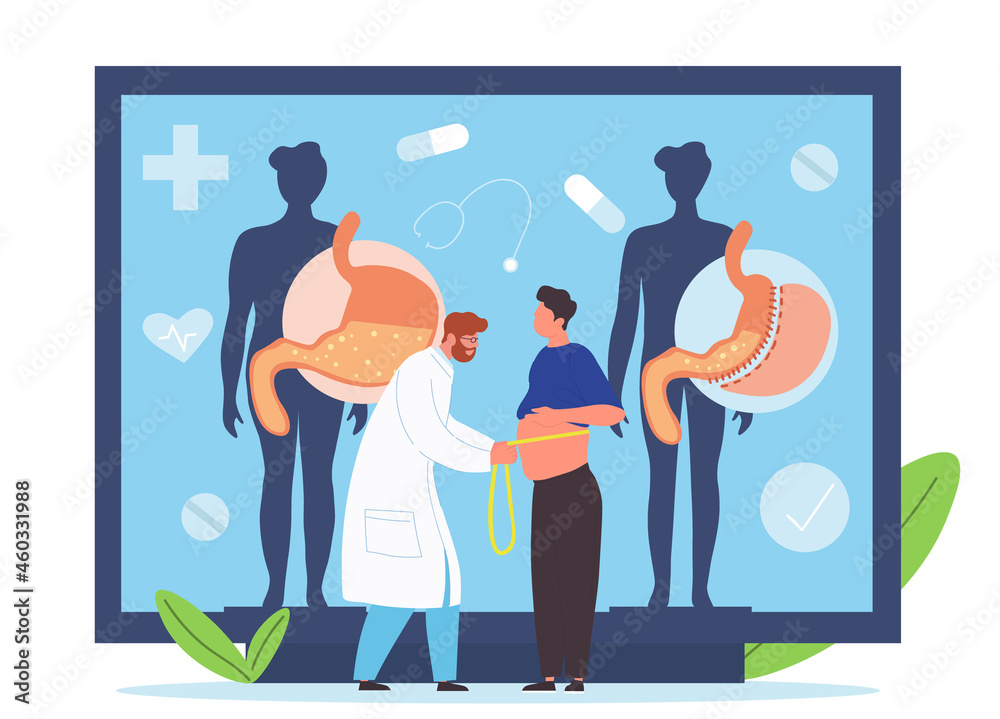 Male surgeon doctor measuring waist of fat man. Preparing patient for ...