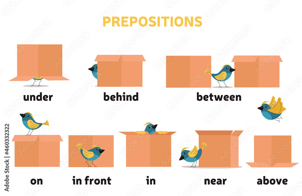 Set of preposition of place educational worksheet for kids. Bird and ...