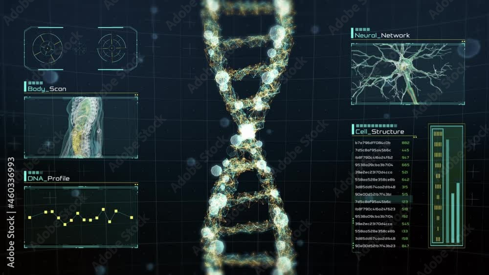 Rotating digital DNA strand on futuristic display with infographics ...
