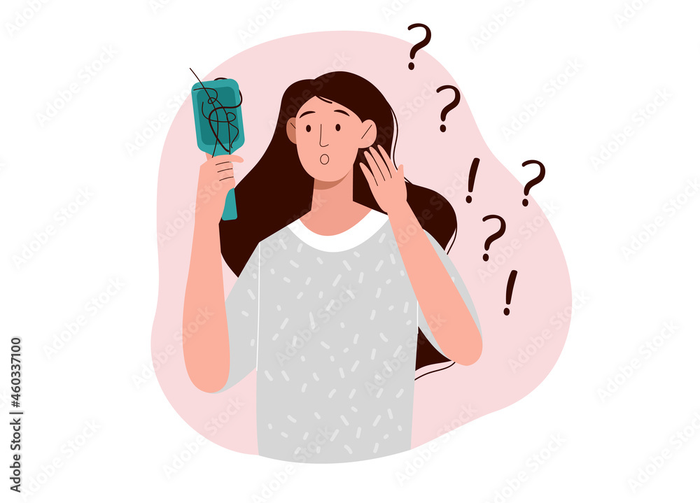 Female character with a comb in hand. Hair loss, alopecia in young age ...