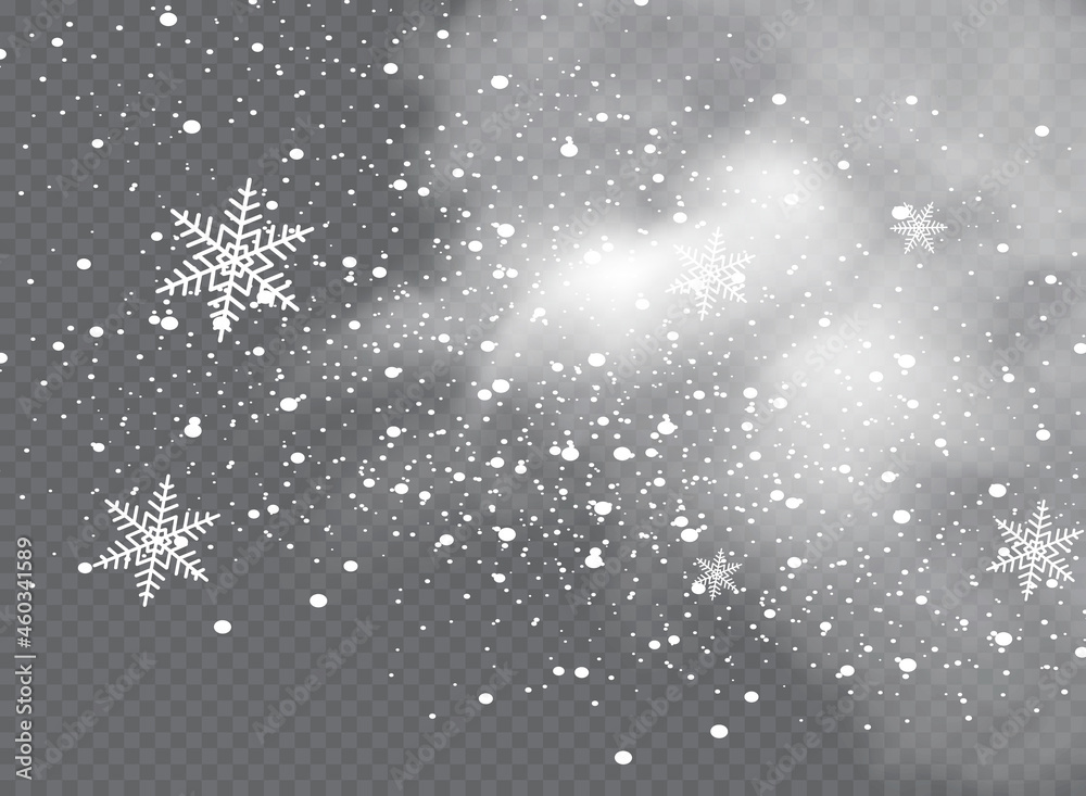 Snow and wind on a transparent background. White gradient decorative ...