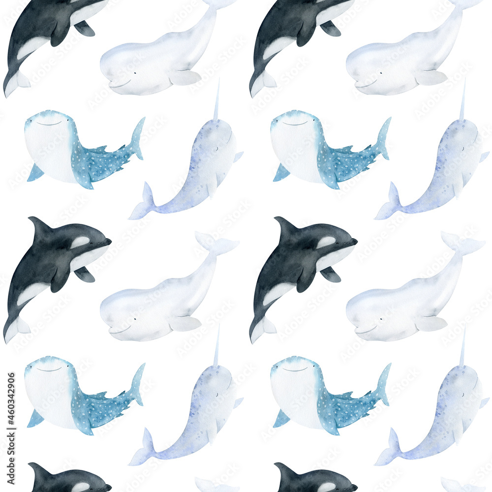 Underwater sea animal seamless patterns. Watercolor deep blue ocean ...