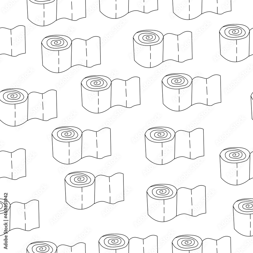 Seamless pattern with toilet paper rolls, toilet paper is drawn with a ...