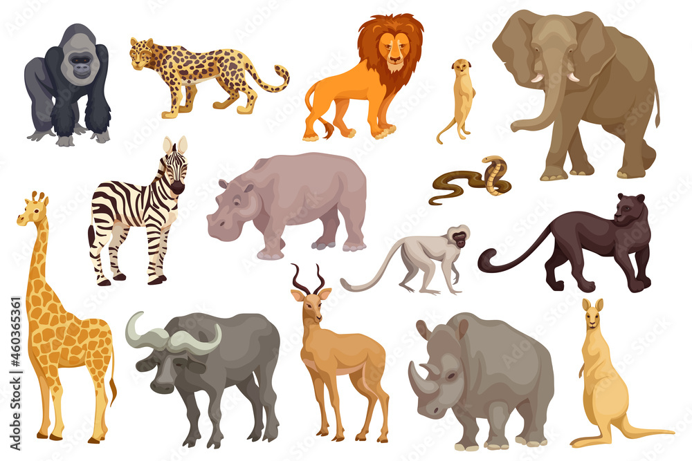 Set of wild animals, inhabitants of the African savannah. Predators ...