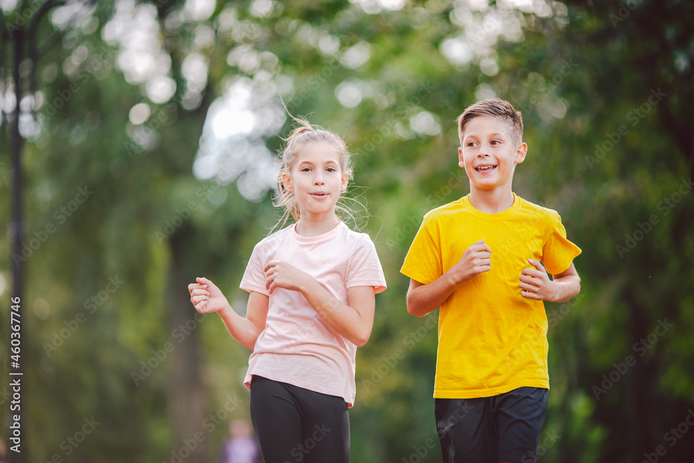 Kids run. Healthy sport. Child sport, heterosexual twins running on ...