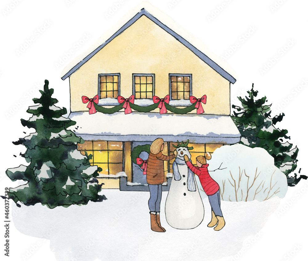 christmas clipart winter house, watercolor new year market, park ...