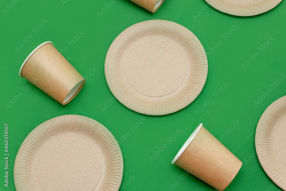 Paper plate, glass on a green background. Eco-friendly, compostable ...