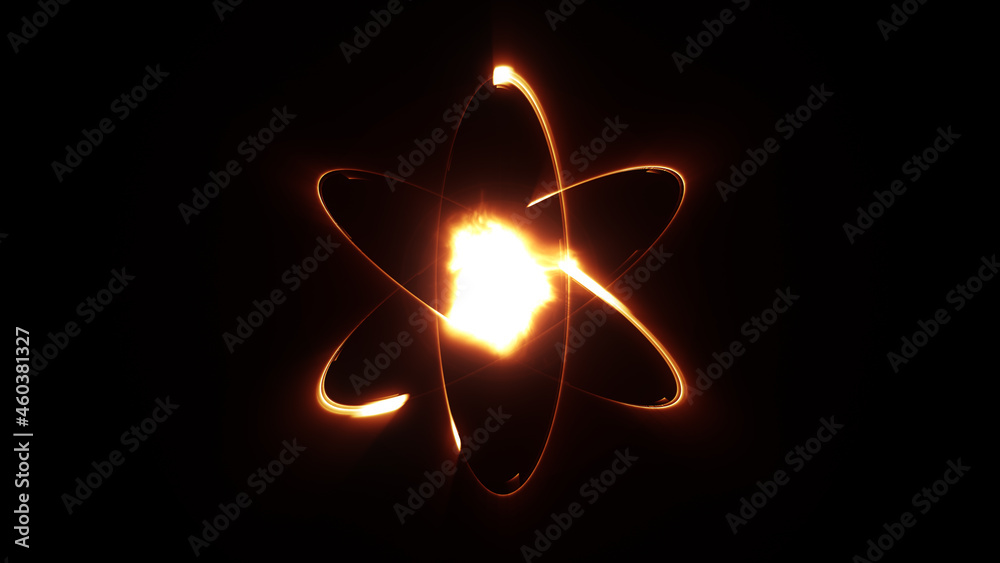 Neon lights atom model. Abstract fire atom or fireball around nucleus ...