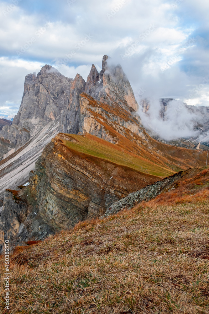 Beautiful panorama of Mount Seceda and Odle, surrounded by magnificent ...