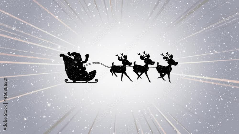 Snow falling on santa claus in sleigh being pulled by reindeers and ...