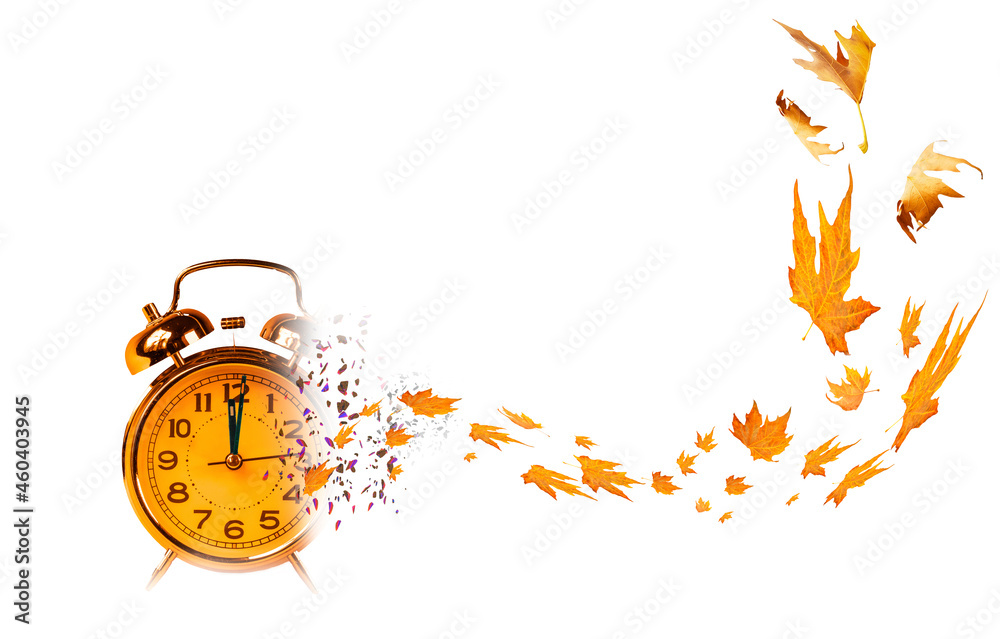 autumn time start clock breaking in piecies autumn leaves isolated in ...