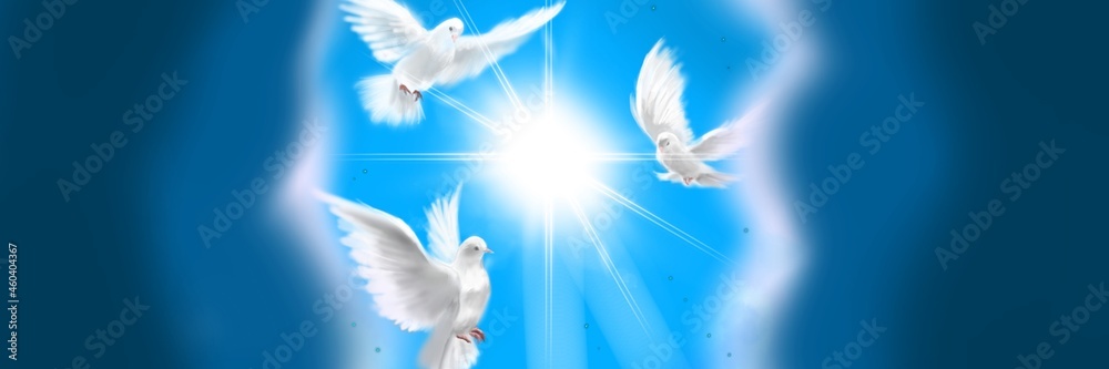 The flying three white doves around shining heaven and the background ...