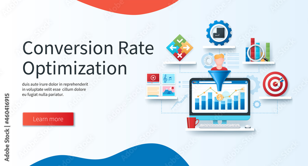 Conversion rate optimization concept. Computer with business charts on ...