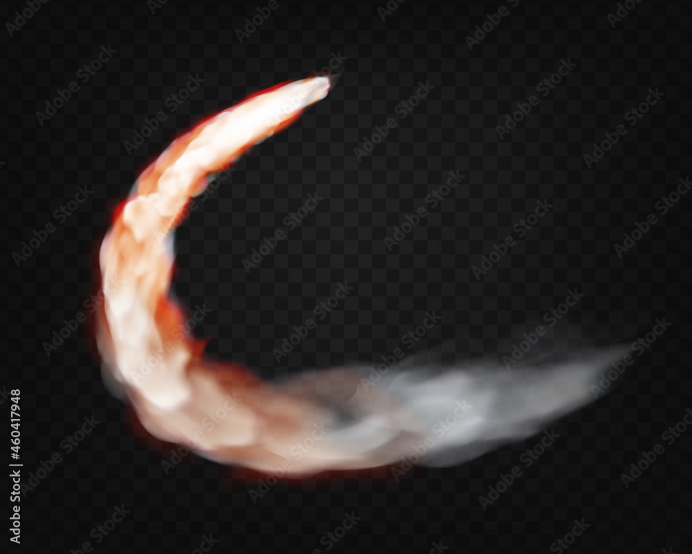 Rocket fire and smoke trails, vector realistic spacecraft startup ...