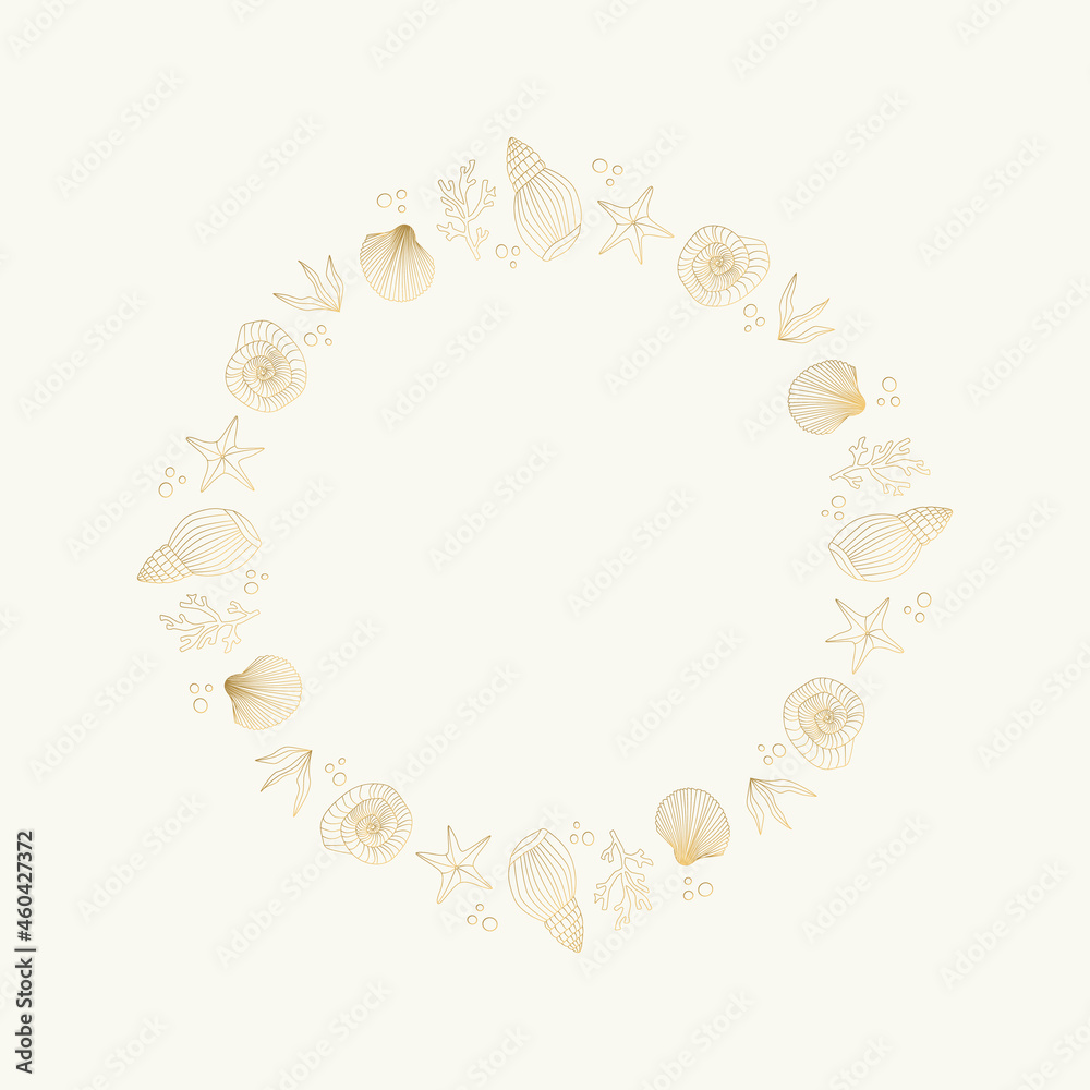 Ocean circle frame with shell, bubble, algae, seaweed, coral, starfish ...