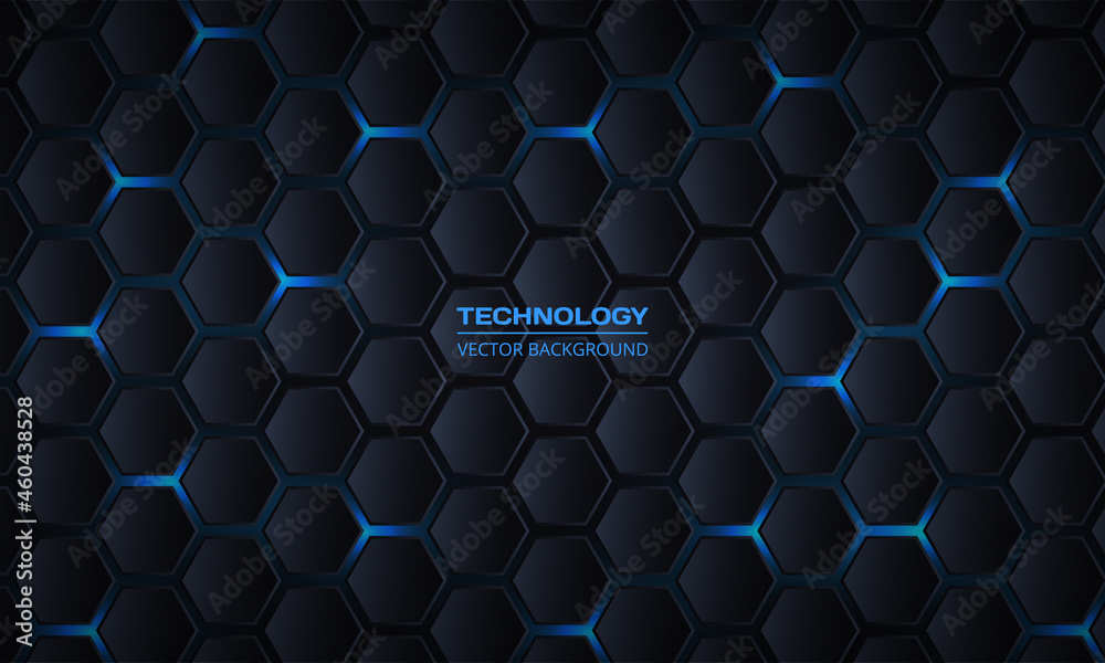 Dark gray hexagonal technology vector abstract background. Blue bright ...