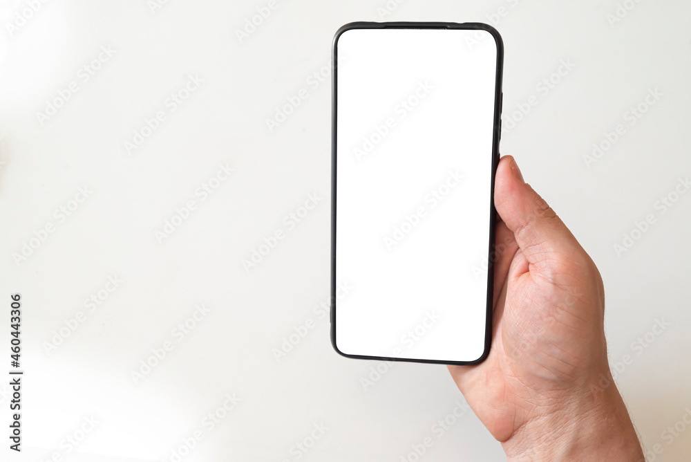 Smartphone with white screen in woman's hand. phone with white screen ...
