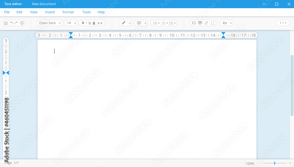Text editor in white theme with blank page. Application for ...