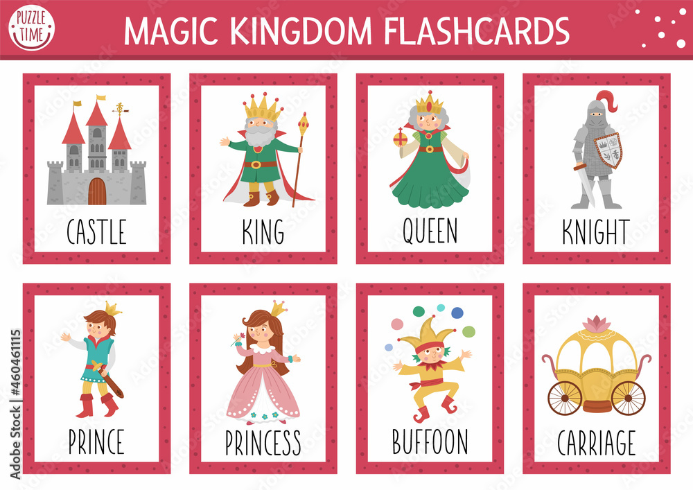 Vector fairytale flash cards set. English language game with cute ...