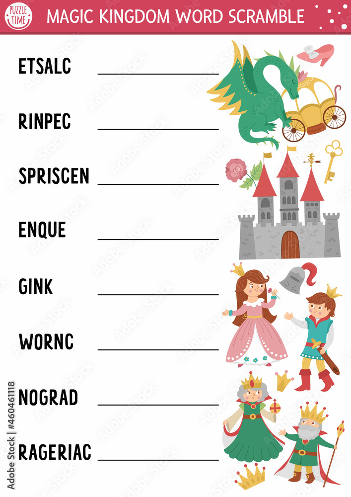 Vector fairytale word scramble activity page. English language game ...
