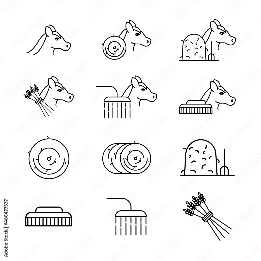 Care about horse, horse care, pet horse icons set, black and white ...